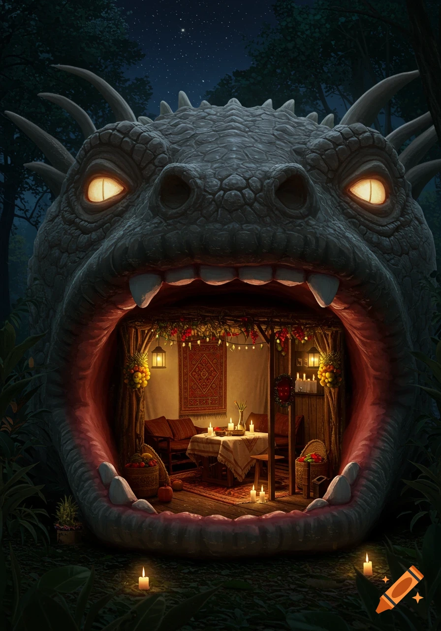 A decorated sukkah, a Jewish holiday booth with lights and fruit ...