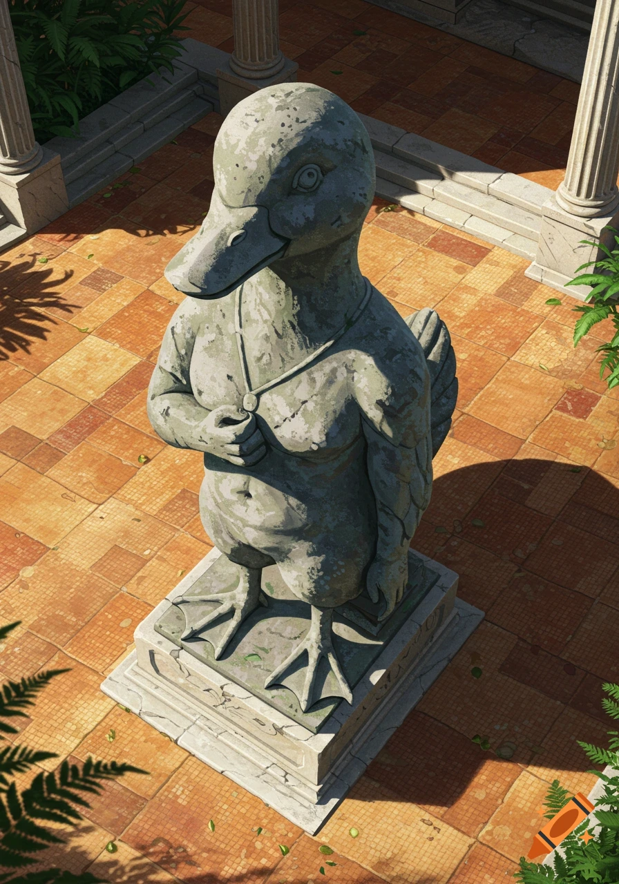 A weathered stone statue of an anthropomorphic duck, wearing a necklace ...