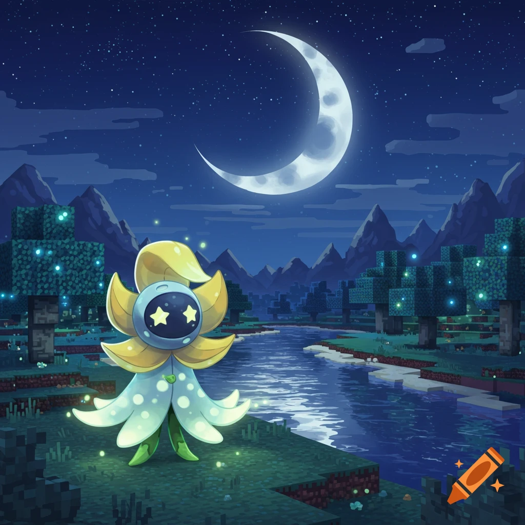 A cute moonflower character with starry eyes in a pixelated Minecraft ...