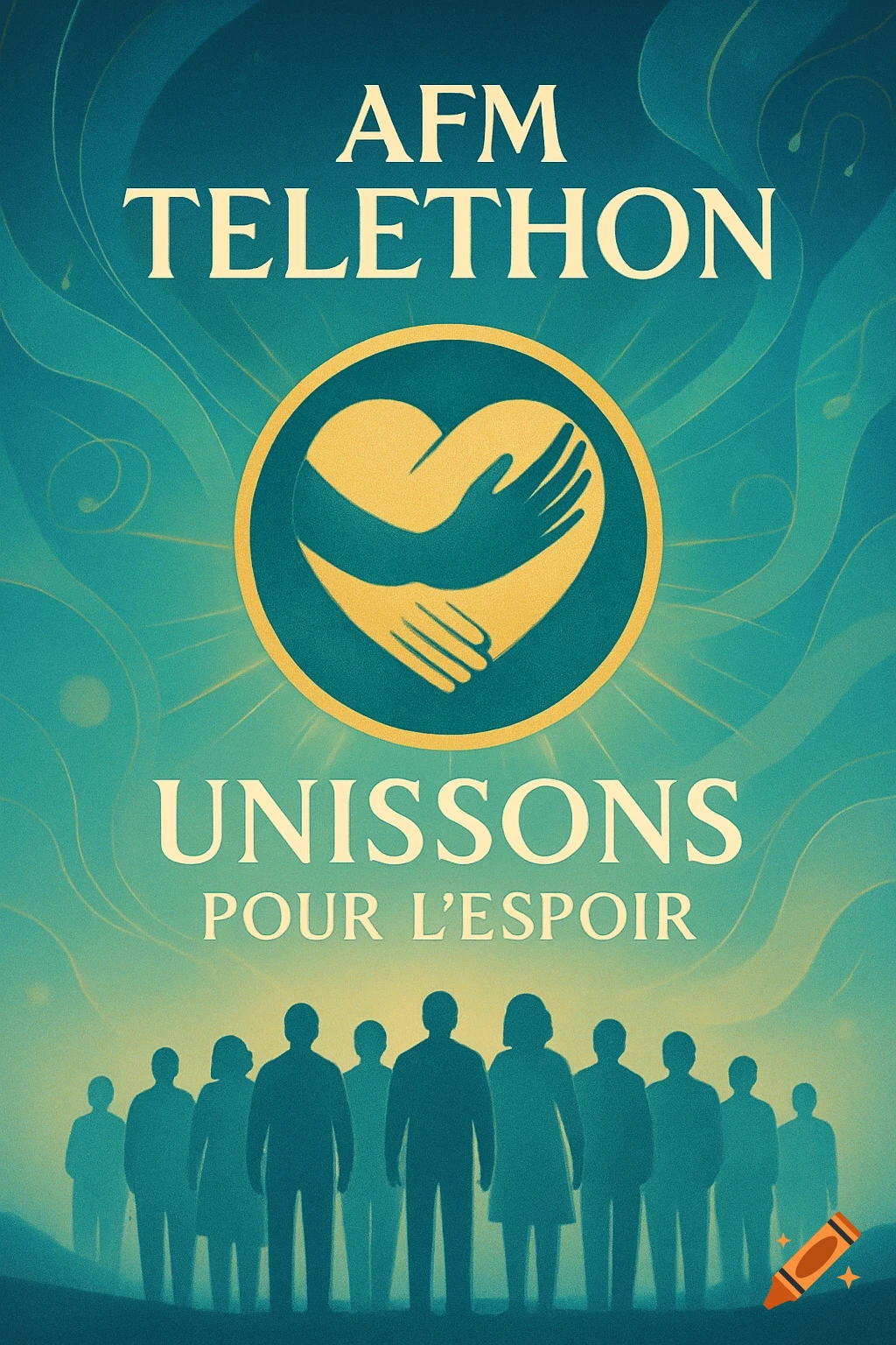 A teal and gold poster for the 'AFM TELETHON', featuring a logo of ...
