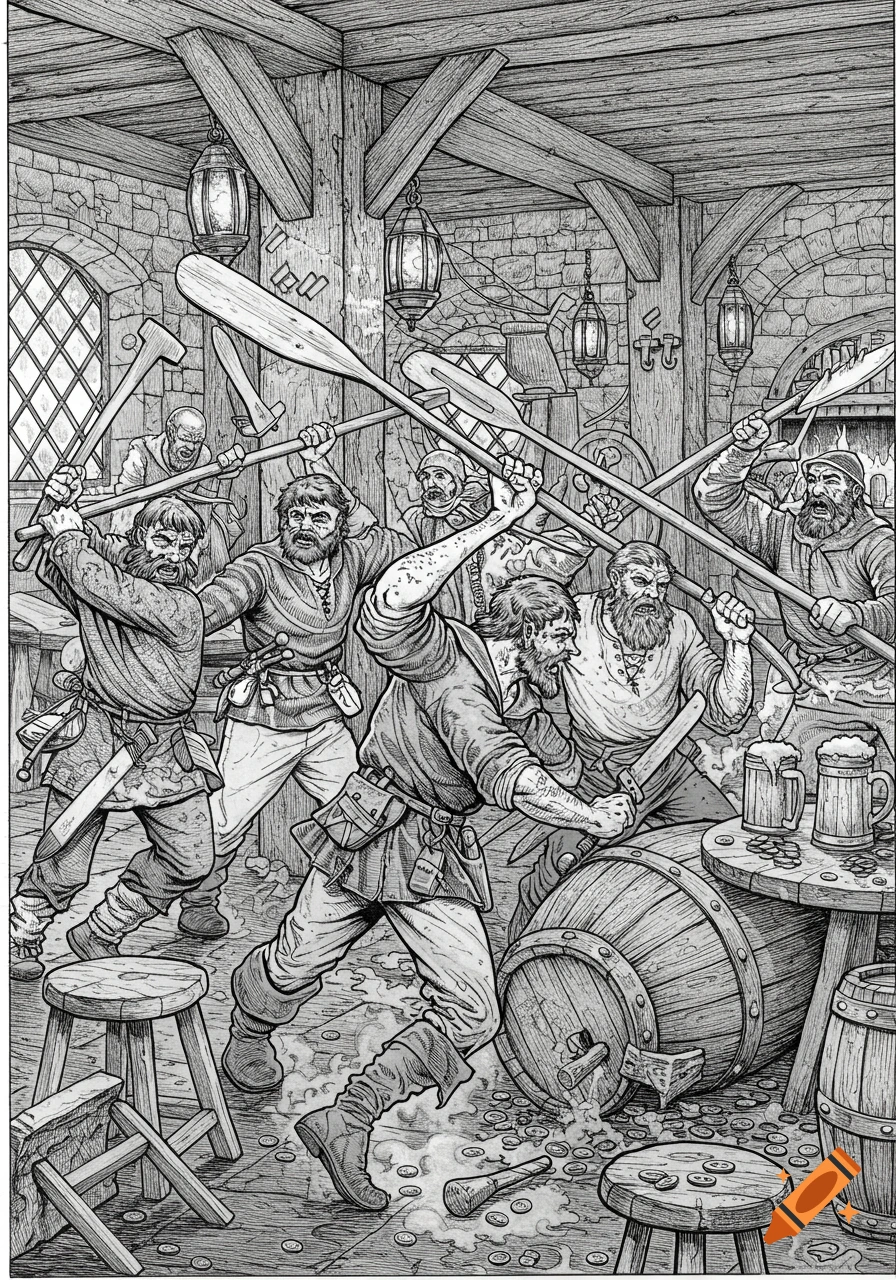 Black line art drawing of a chaotic tavern brawl with men fighting with ...