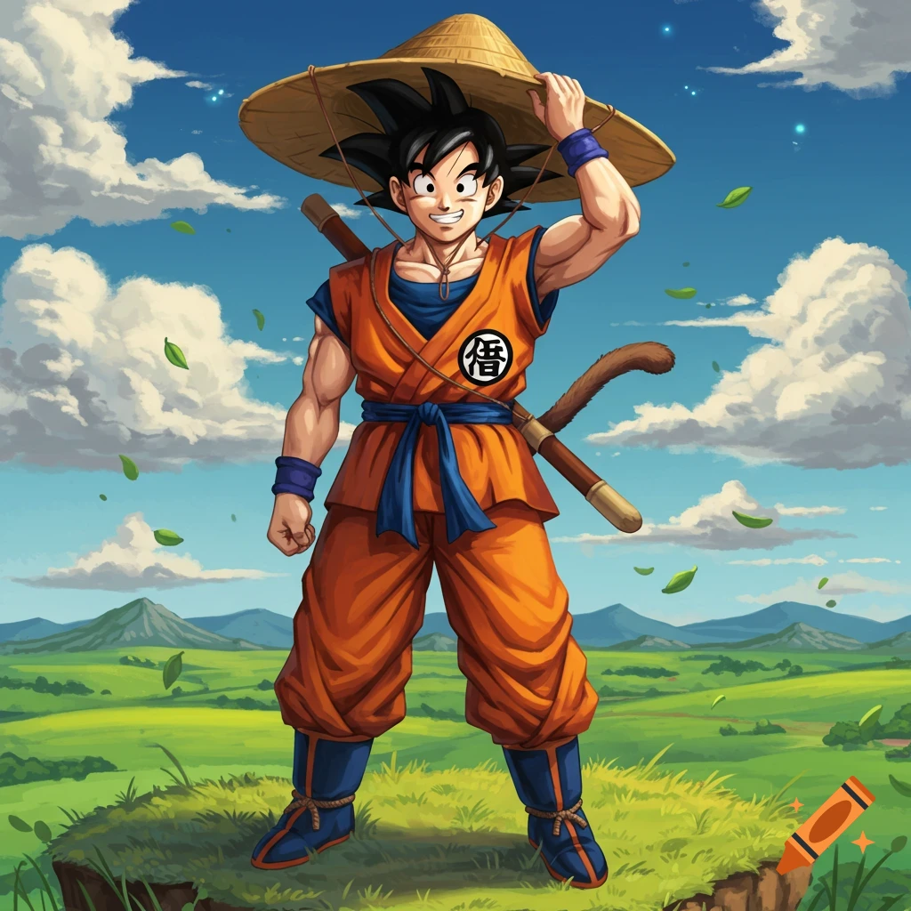 Goku from Dragon Ball Z stands smiling in a martial arts gi and a straw ...