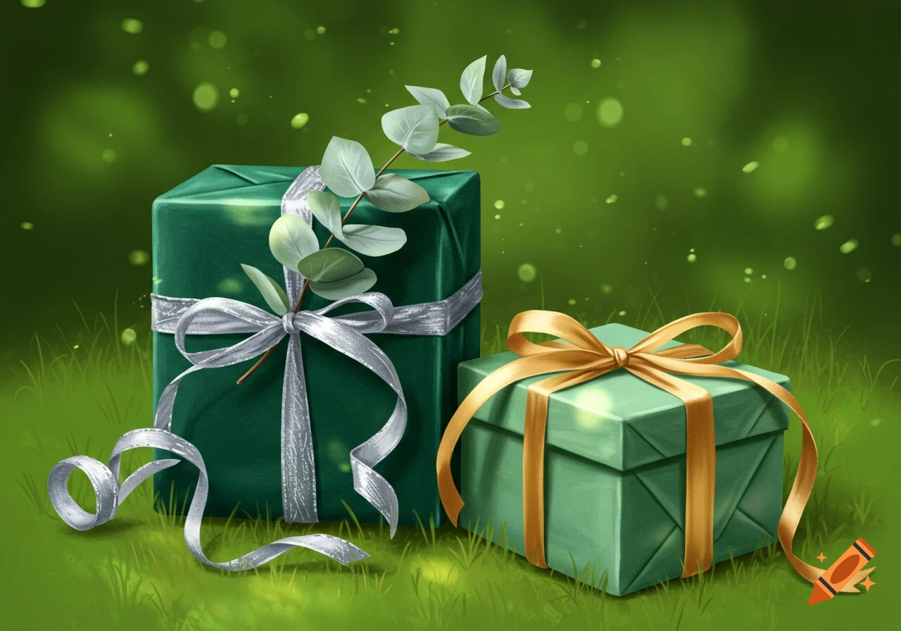Two green gift boxes with ribbons and eucalyptus leaves on a lush green ...