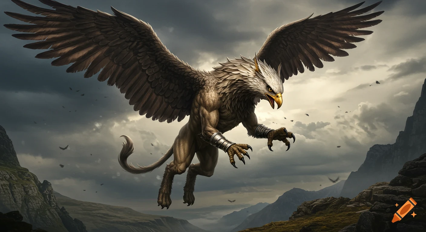 A majestic griffin with wide wings descends over a stormy mountain ...