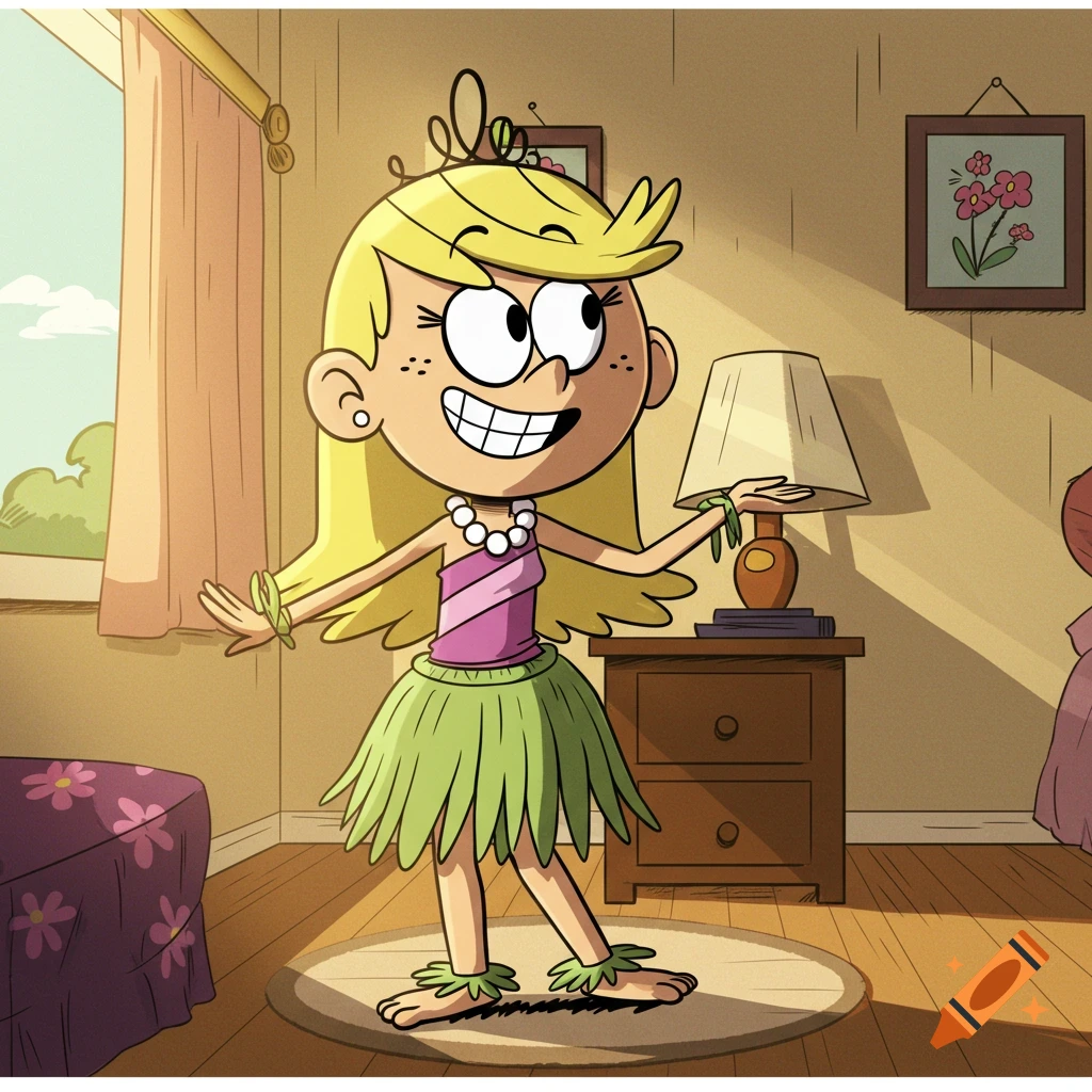 Lola Loud from The Loud House in a red bra and orange hula skirt, doing ...