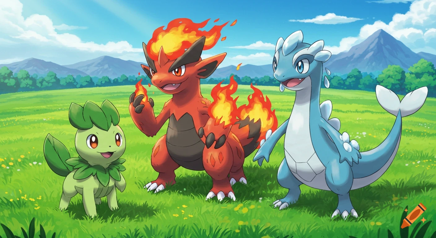 A small green grass-type creature, a red fire-type creature, and a blue ...