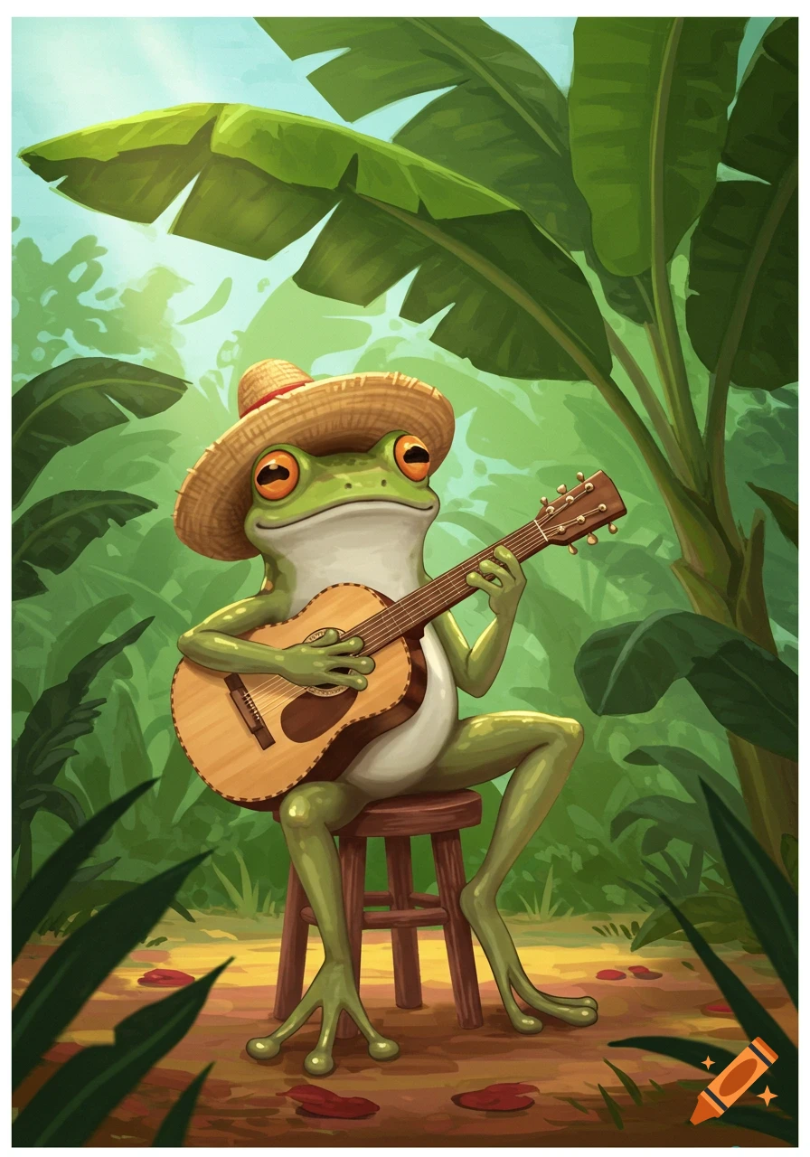 A green cartoon frog wearing a straw hat sits on a stool and plays a ...
