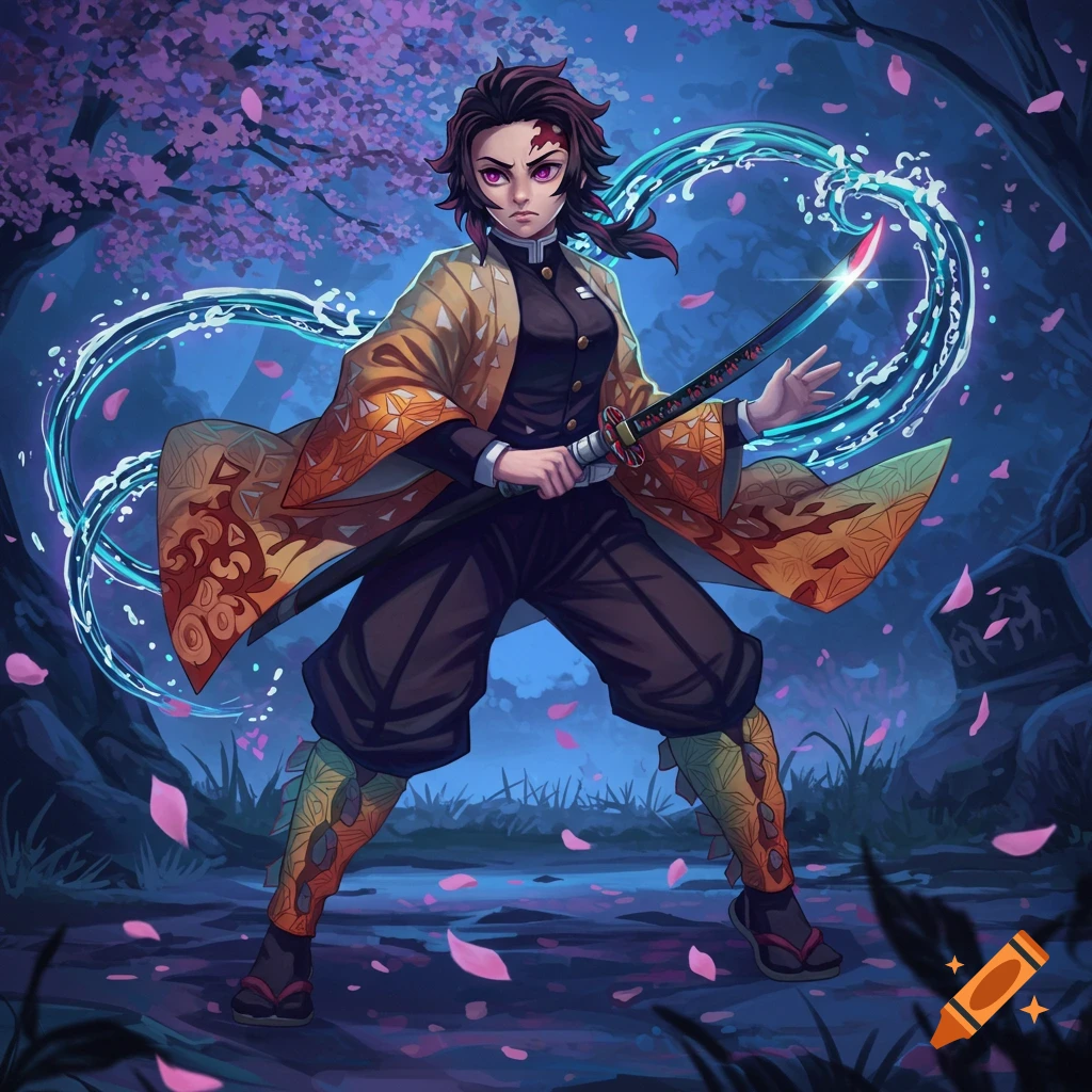 Anime character in a yellow haori and black uniform holding a glowing ...