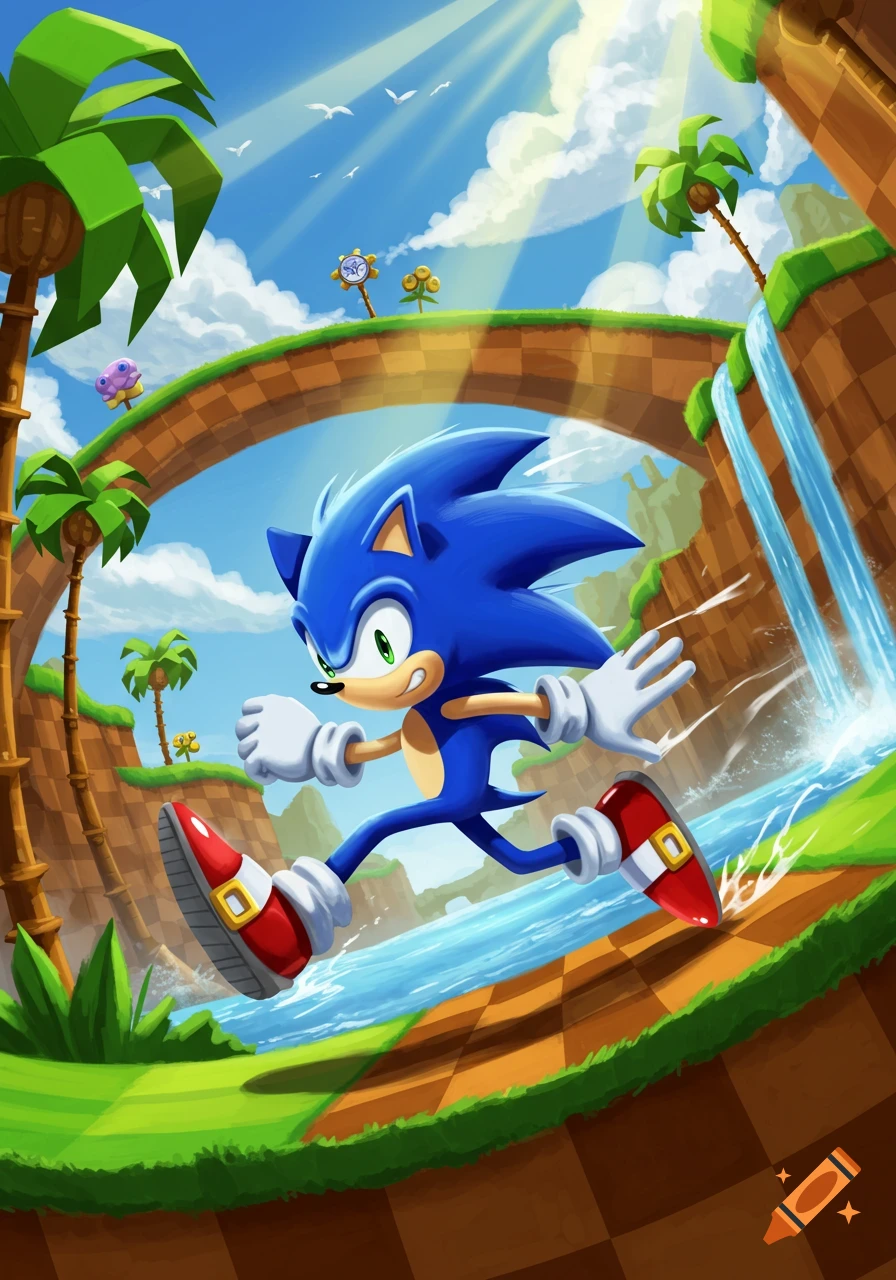 Sonic the Hedgehog speeds through a vibrant Green Hill Zone landscape ...