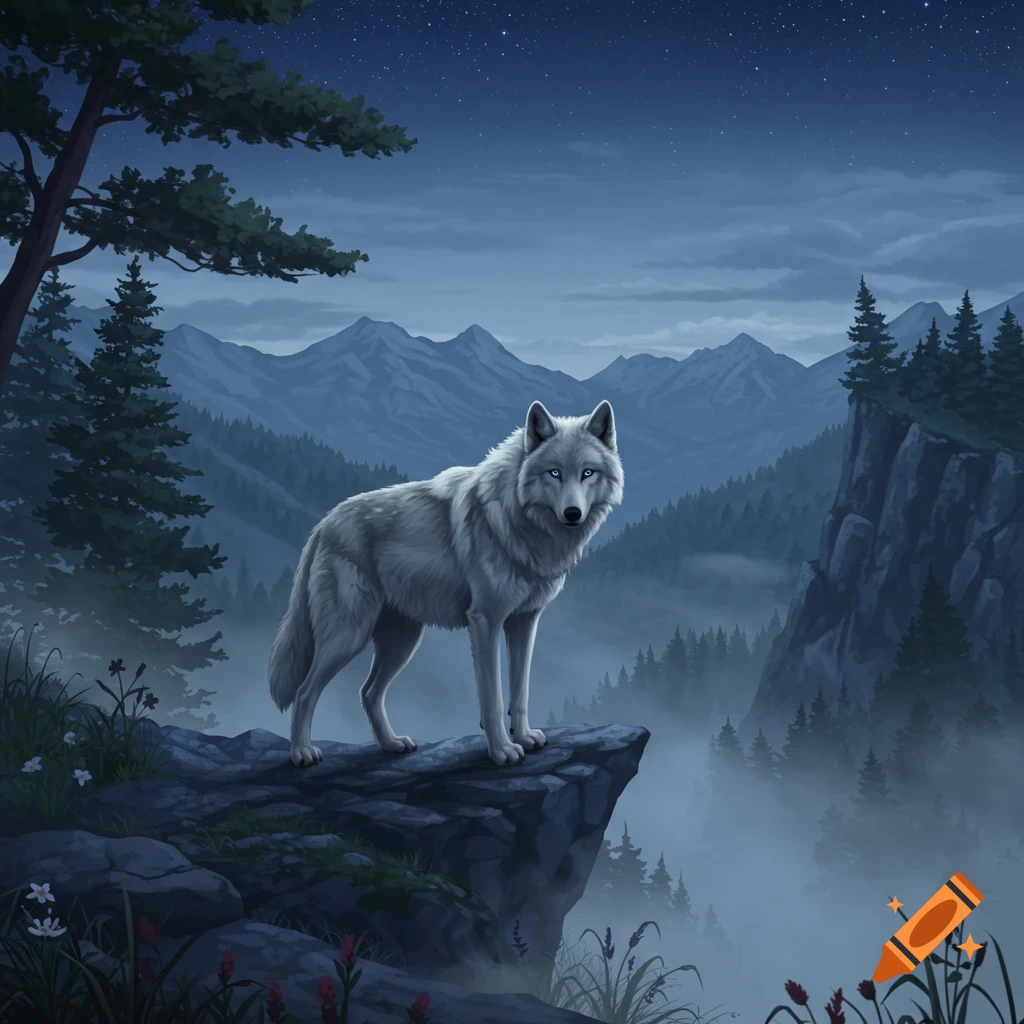 A majestic white wolf with striking blue eyes stands on a rocky cliff ...
