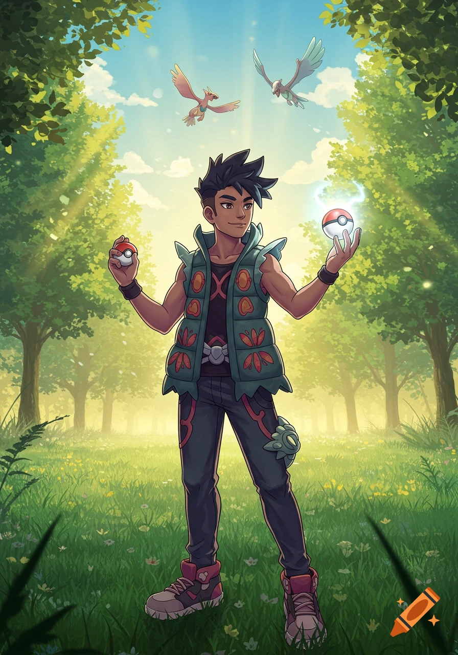 Anime-style art of a red-haired Pok 00e9mon trainer and Pikachu on a ...