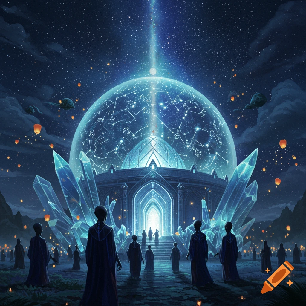 A grand crystal temple with a constellation-carved dome glows under a ...