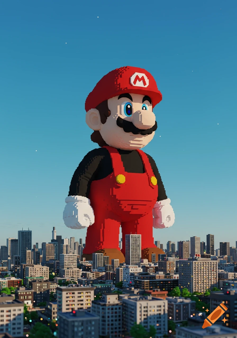 A giant pixelated Mario stands over a city under a clear blue sky. on ...