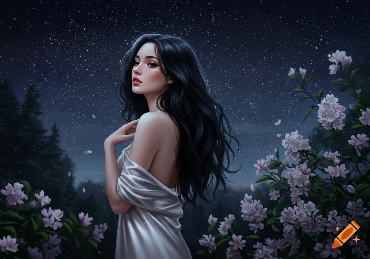 A woman with long red curly hair in a blue satin dress stands under a ...