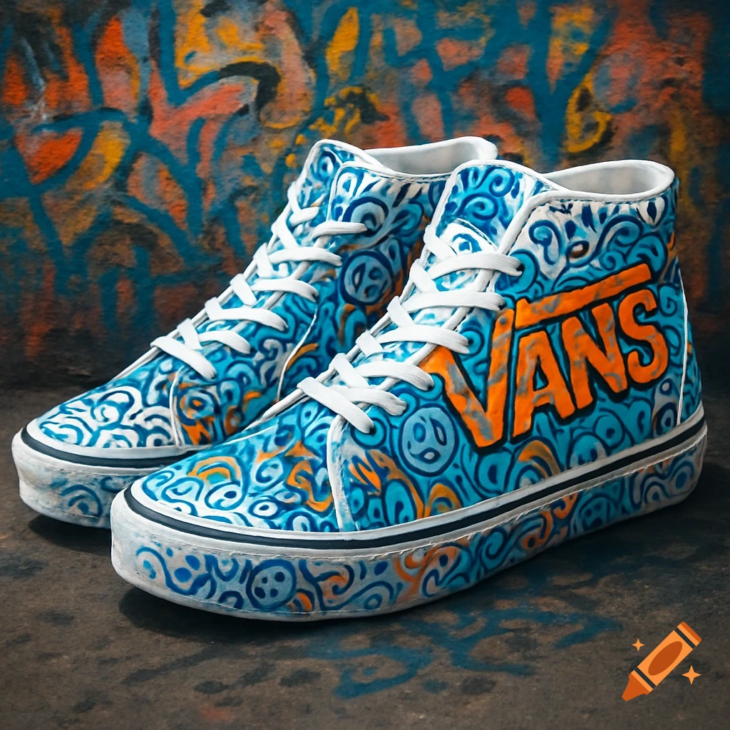 Custom Vans SK8-Hi shoes with white, cobalt blue, and orange graffiti ...