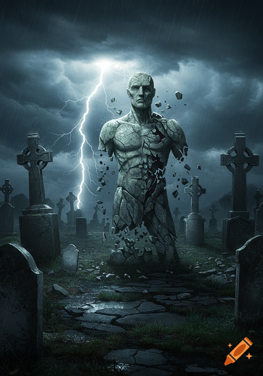 A crumbling stone statue of a man stands amidst Celtic crosses in a ...