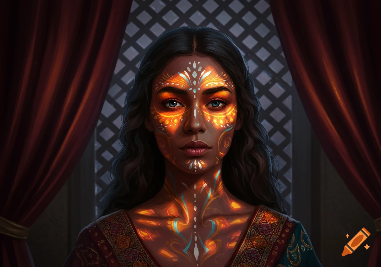 A fantasy digital painting of a woman with dark skin, curly hair, blue ...