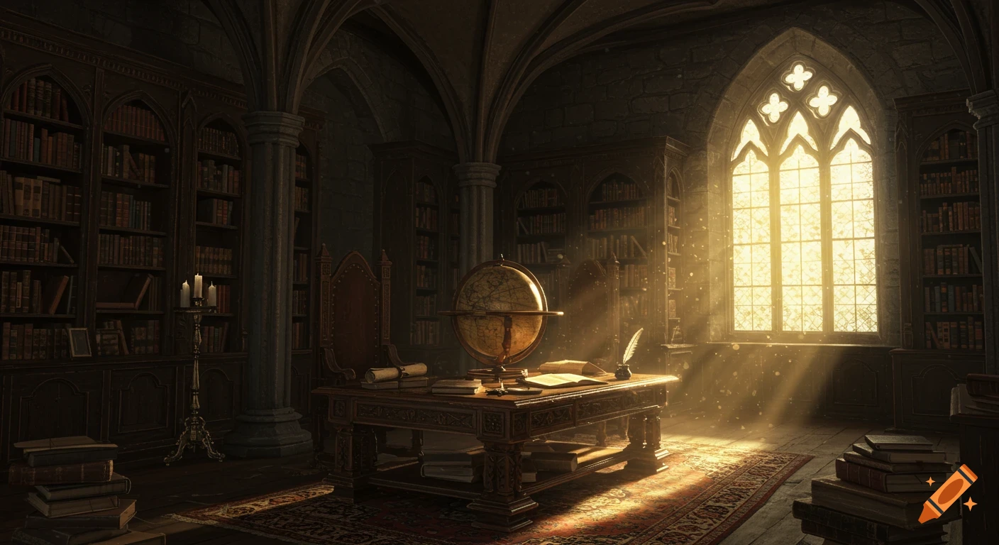 A warm, inviting medieval library with a desk, globe, bookshelves, and ...