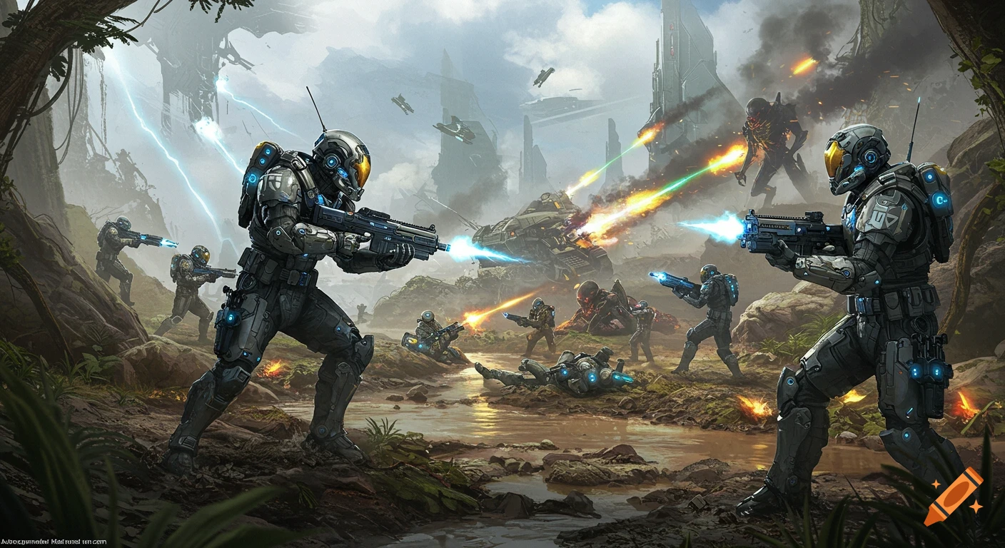 A dynamic sci-fi battle scene with armored soldiers fighting alien ...