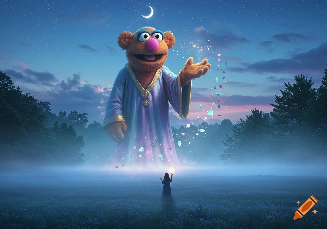 Elmo peeking from behind a tree in a dark, misty forest with glowing ...