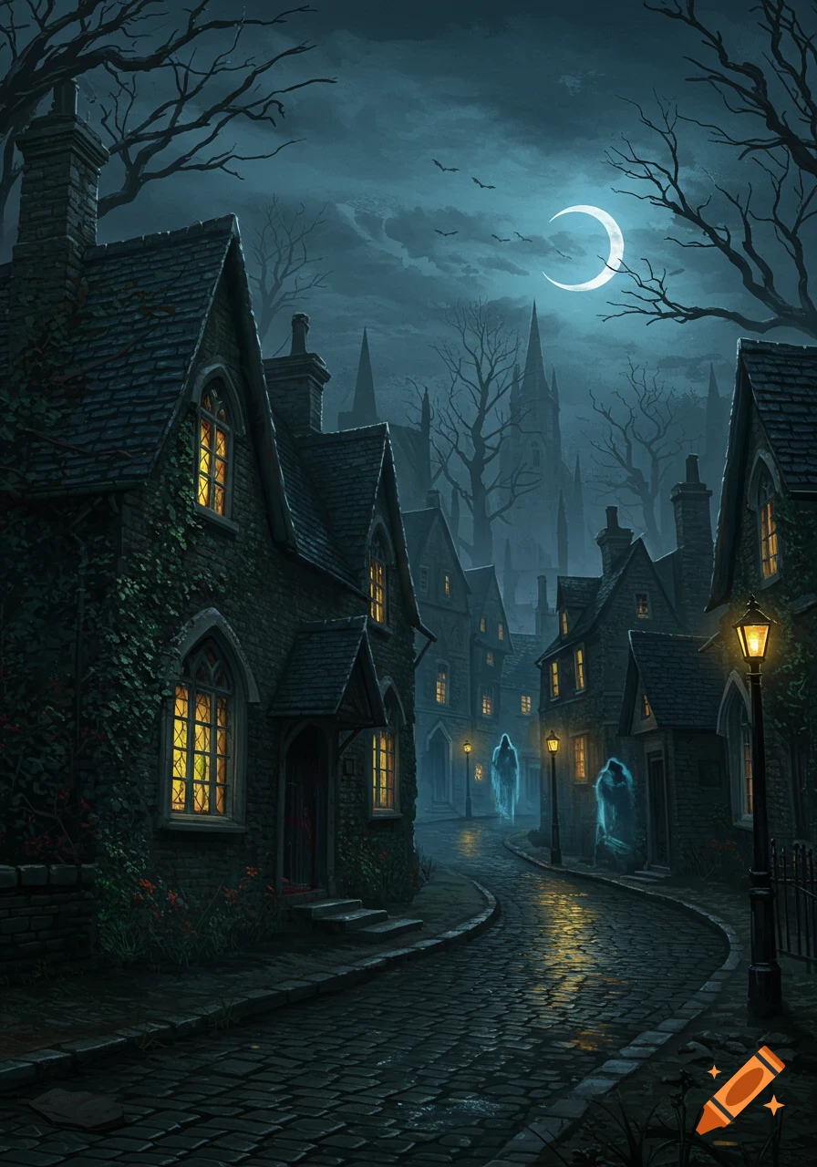A dark, atmospheric gothic village street at night with glowing windows ...