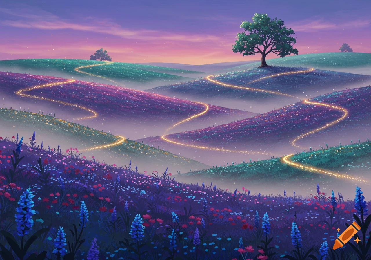 Vibrant fantasy landscape at twilight with rolling hills of purple and ...