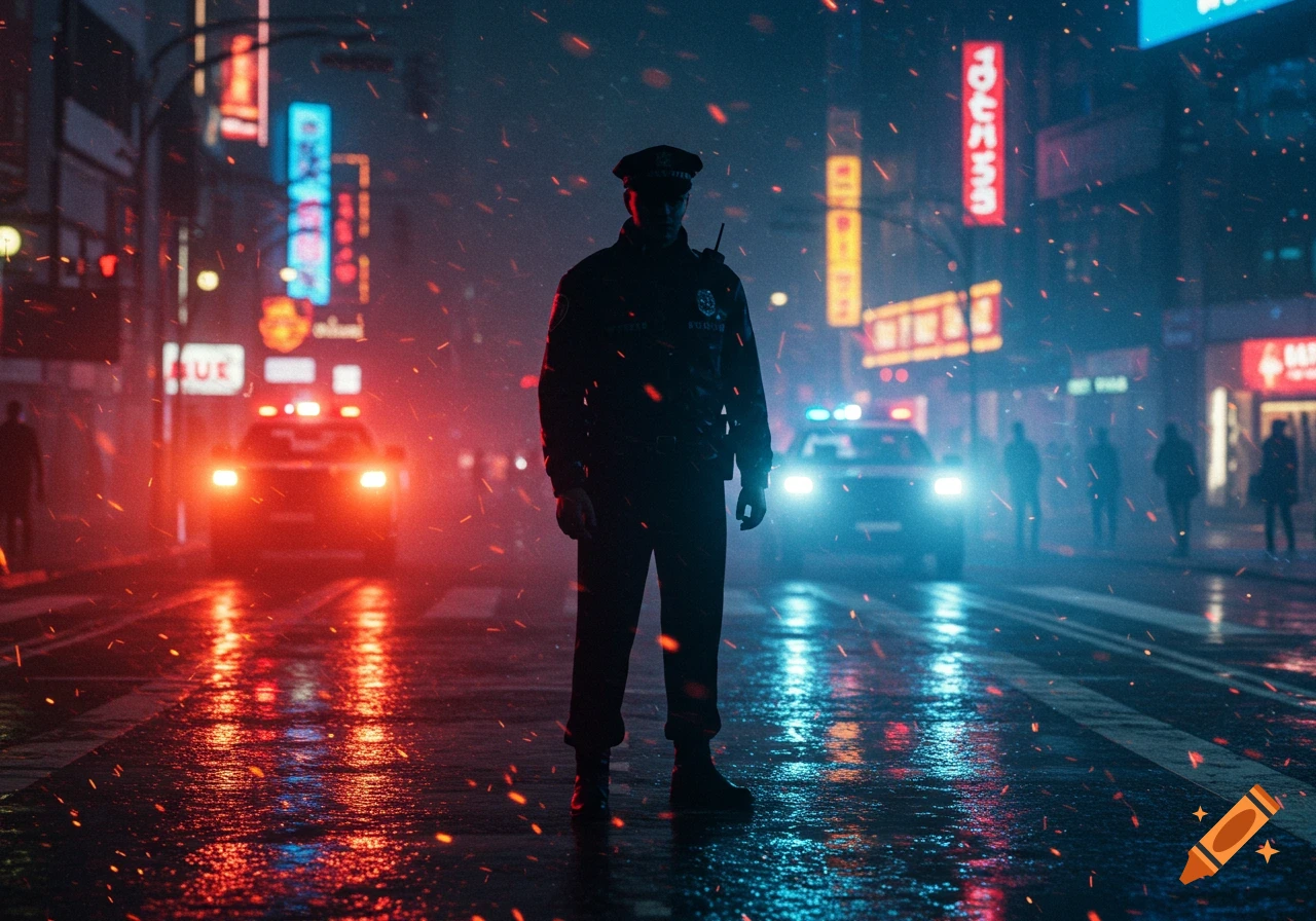 Silhouetted police officer on a wet city street at night, lit by red ...
