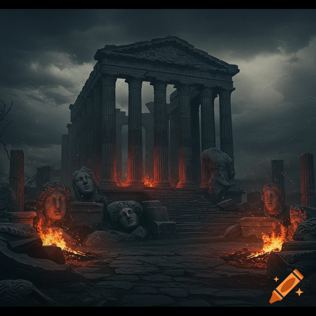 Dark ruined ancient Greek temple under a stormy sky with defaced statue ...
