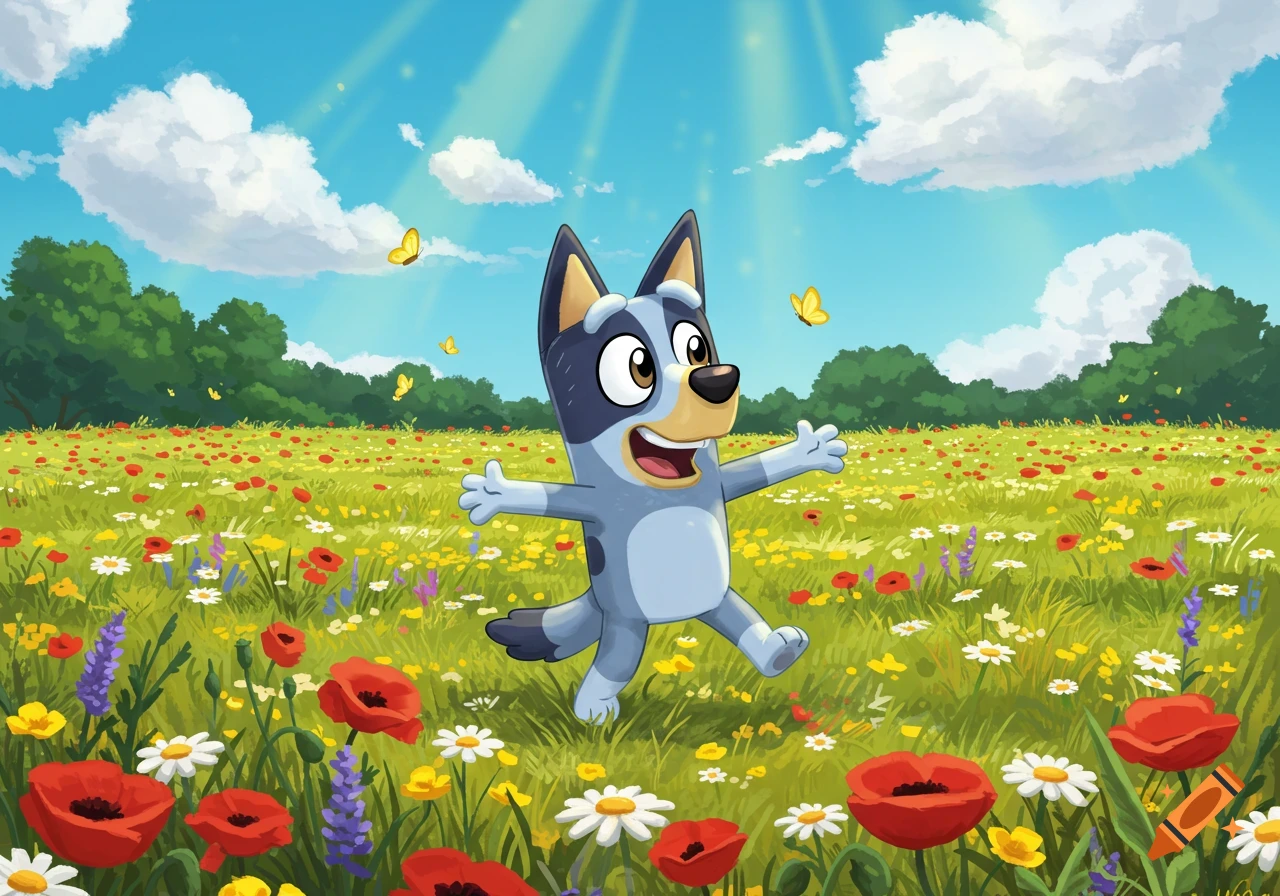 Bluey and Bingo cartoon dogs embracing in a colorful flowery meadow ...