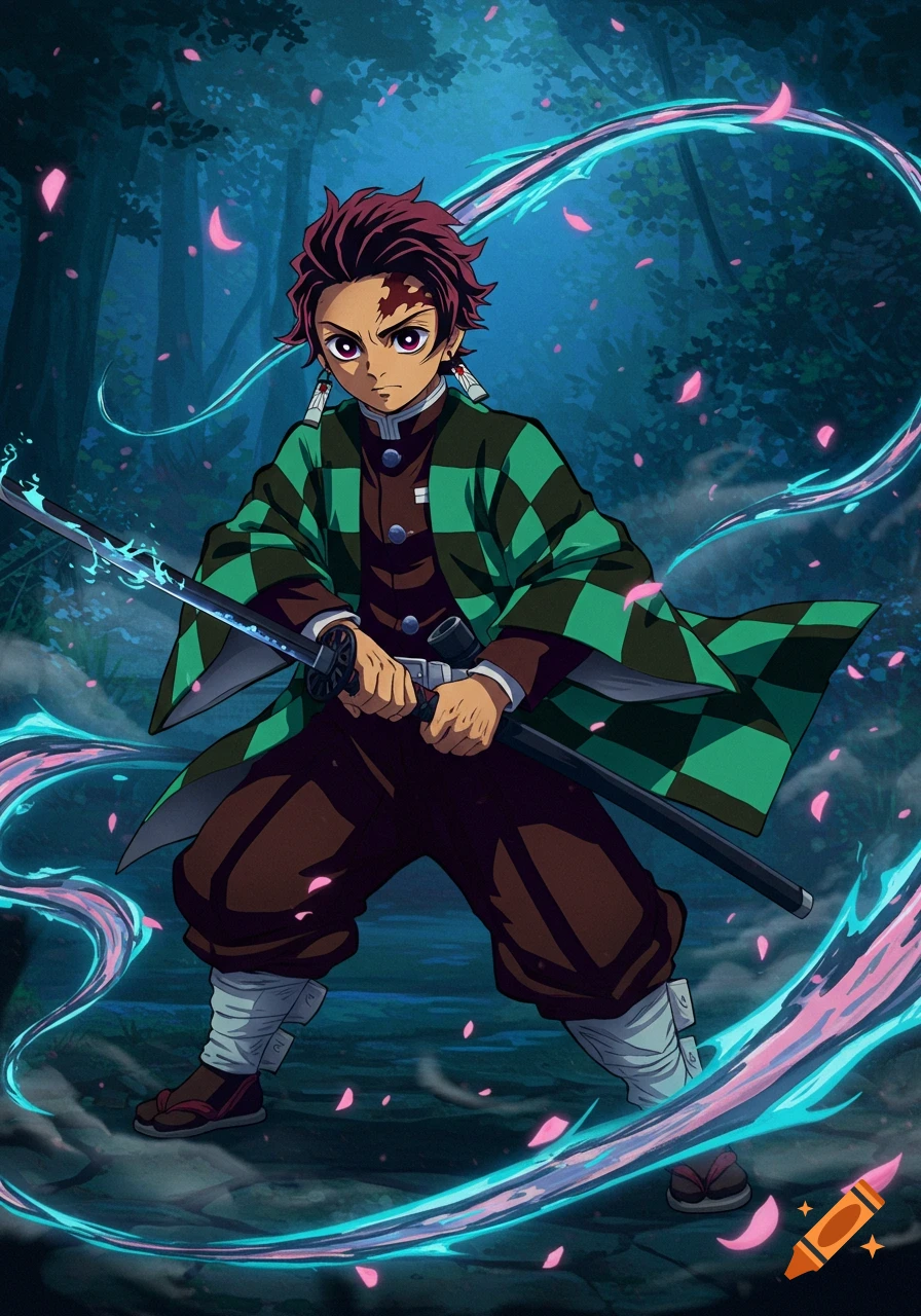 Anime character Tanjiro Kamado in a dynamic battle stance with a sword ...