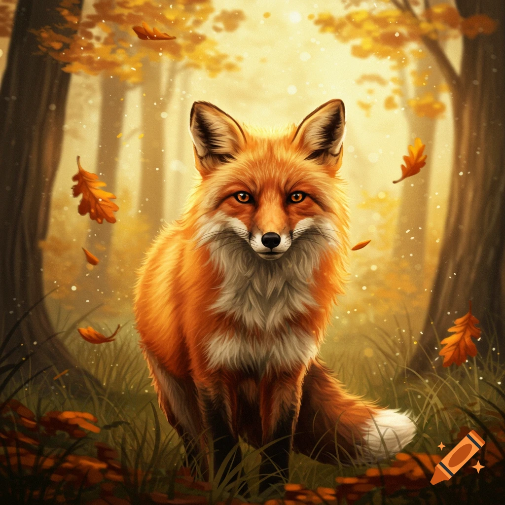 An illustration of a fluffy red fox curled up asleep on autumn leaves ...