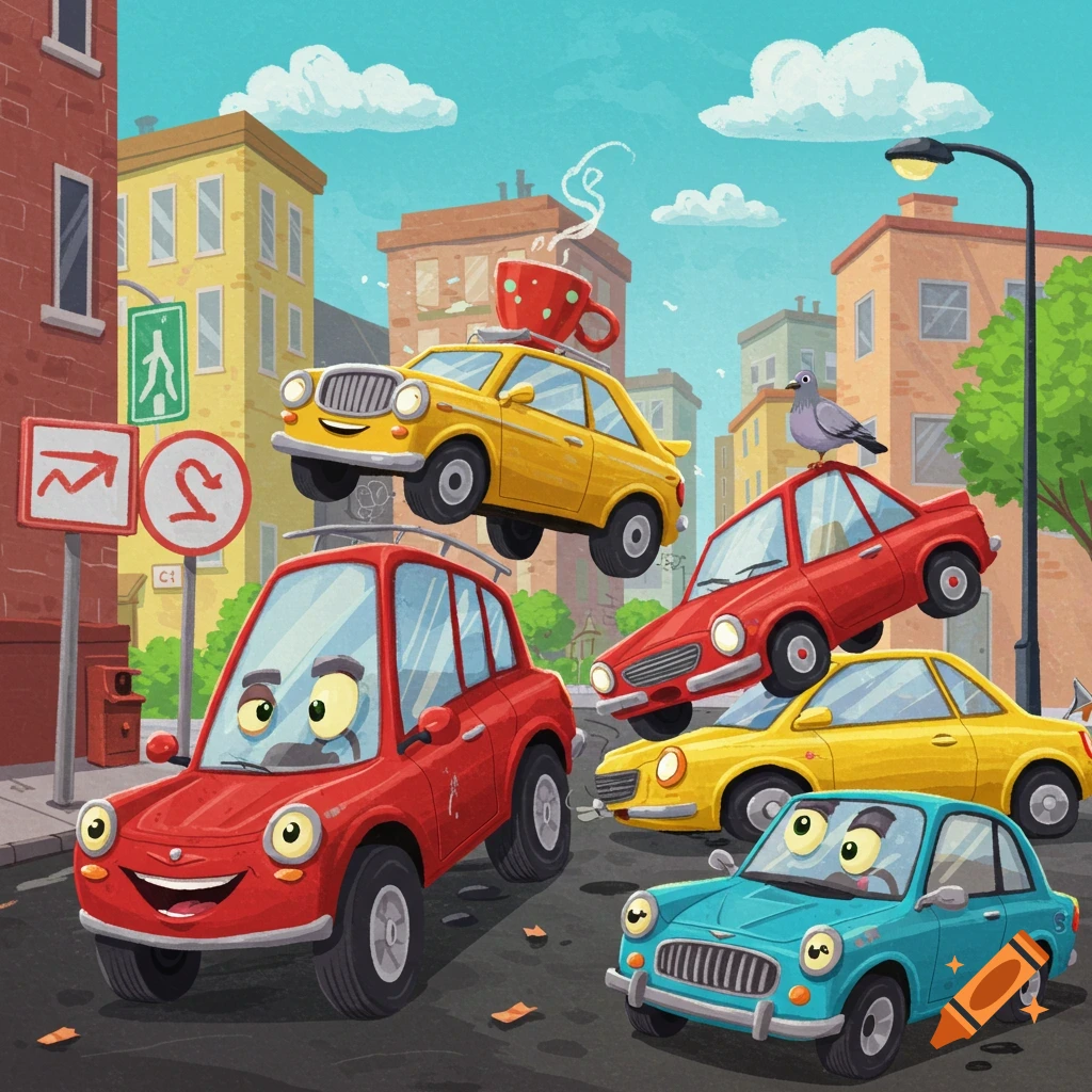 A vibrant cartoon illustration of anthropomorphic cars with smiling ...