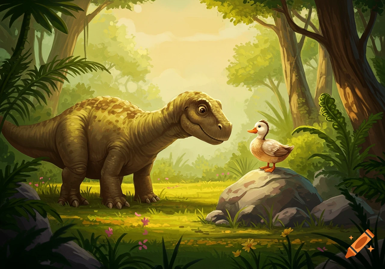 A friendly cartoon dinosaur looks at a small duck perched on a rock in ...