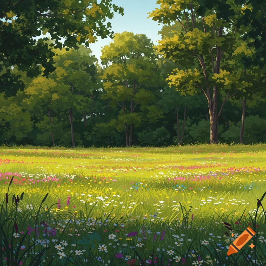 Vibrant illustration of a sunlit forest meadow filled with colorful ...