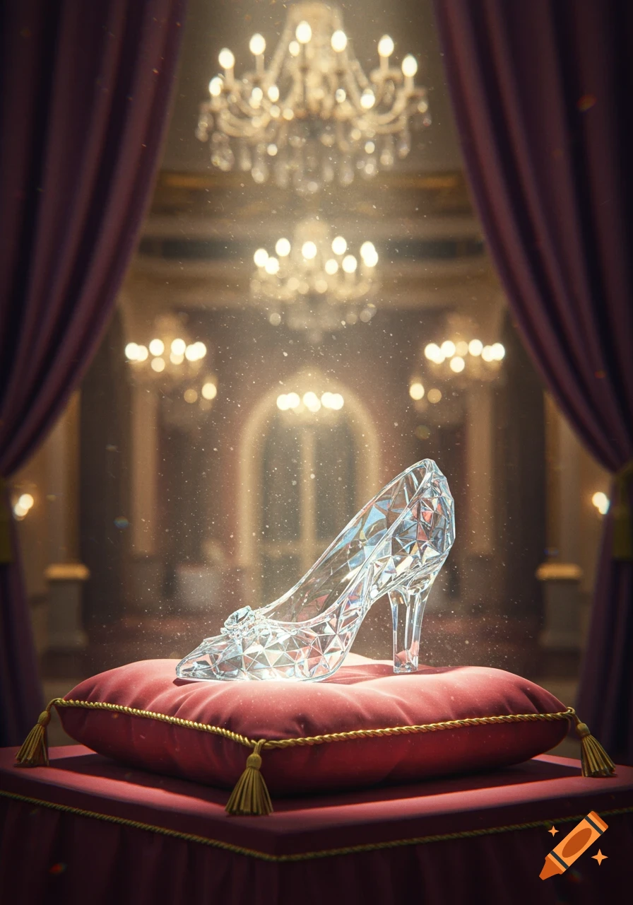 A sparkling clear glass slipper on a red velvet cushion with gold ...