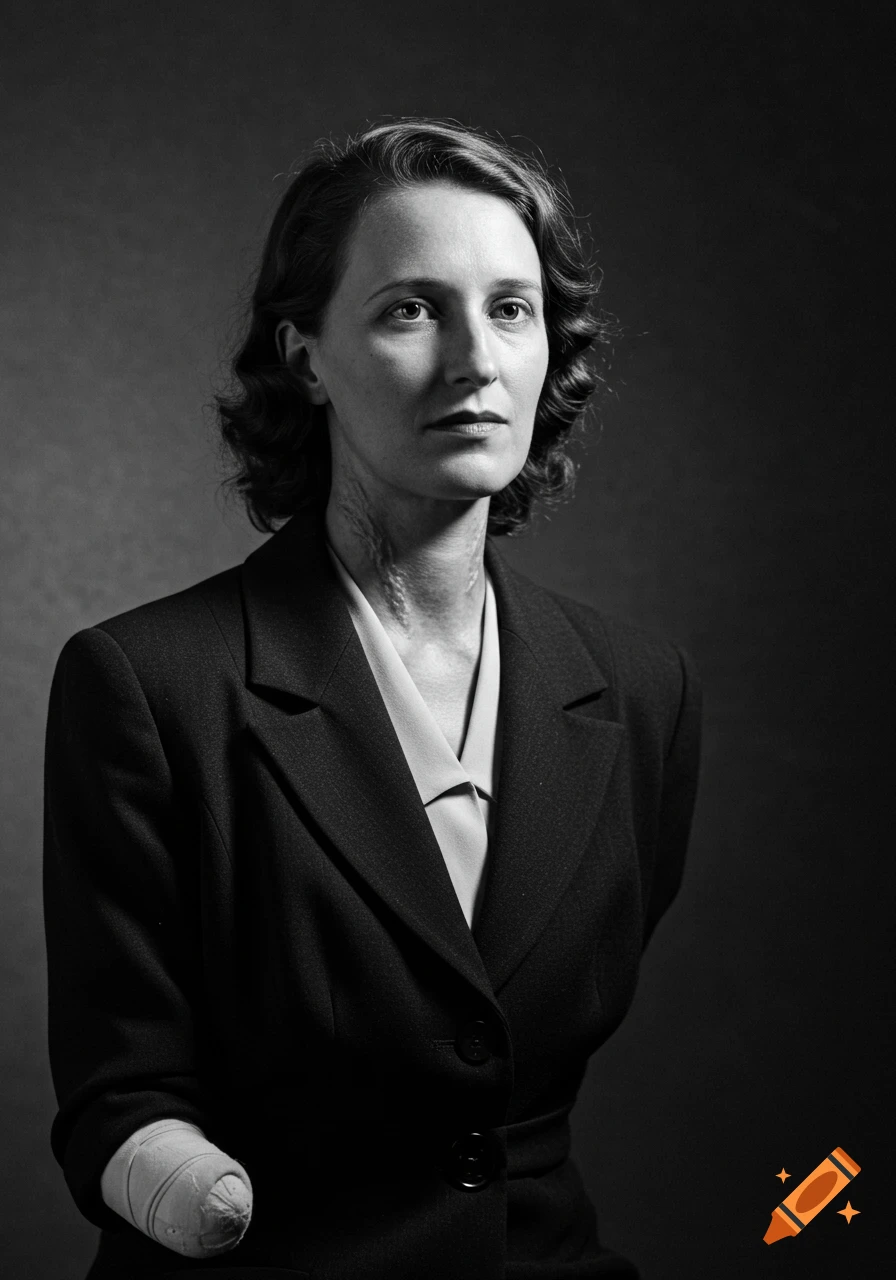 Black and white portrait of a woman in a suit, her left arm missing at ...