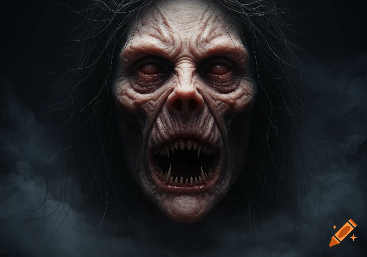 Close-up of a terrifying monster face with wrinkled skin, glowing red eyes, and sharp fangs ...