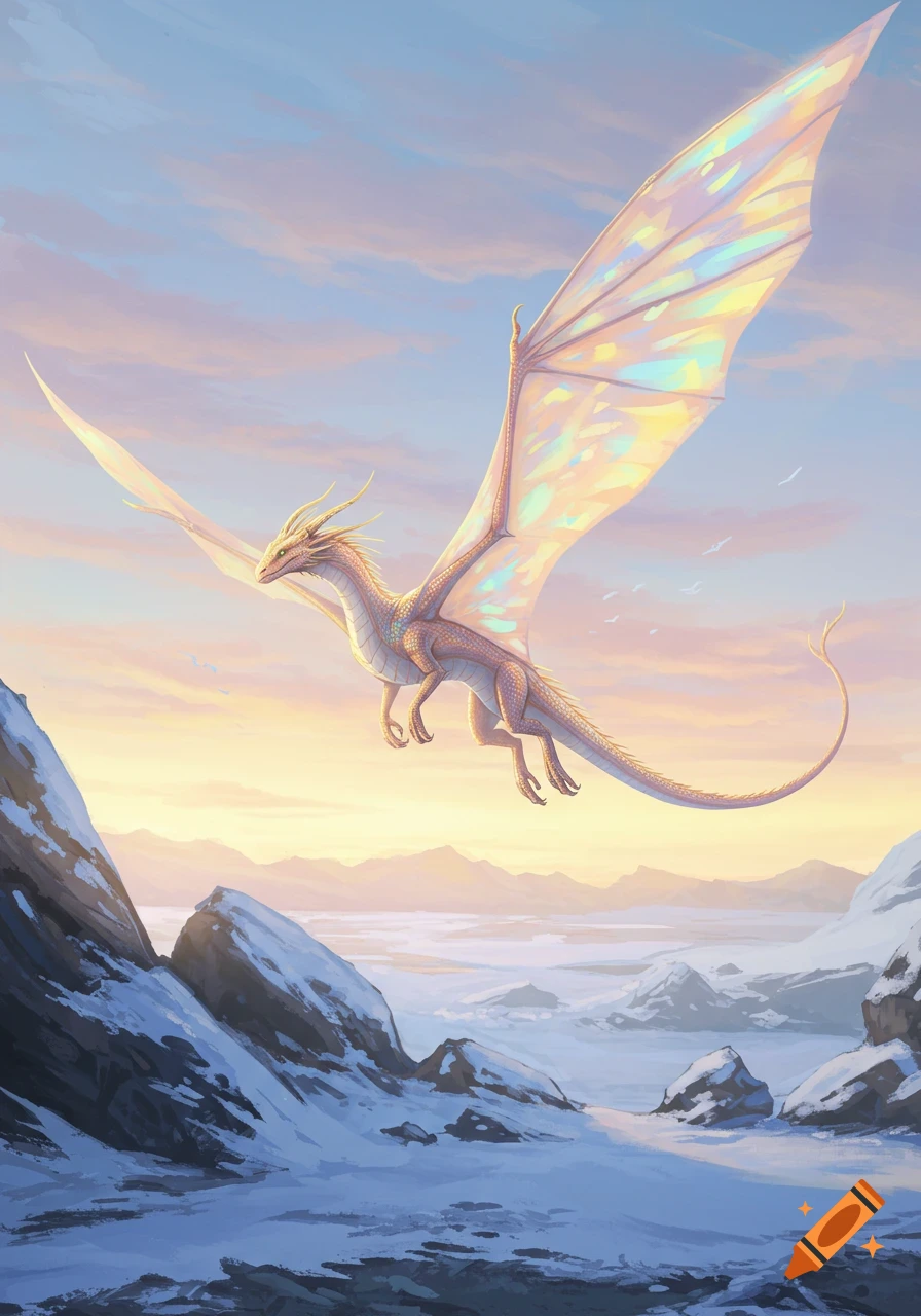 A majestic iridescent dragon with large glowing wings soars over snowy ...
