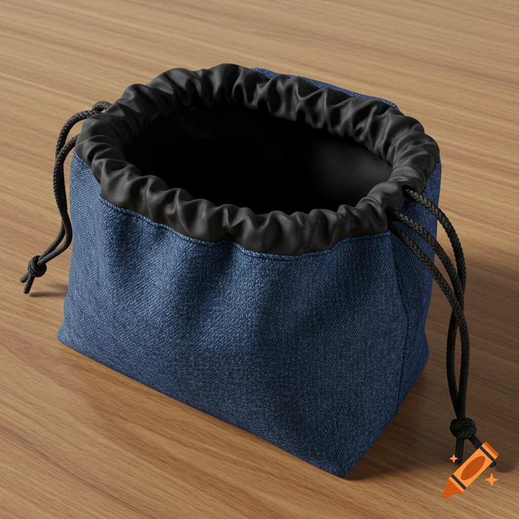 A blue denim drawstring bag with a black satin lining sits on a wooden ...