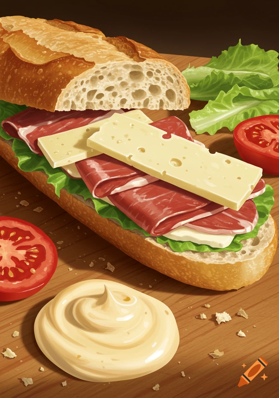 Stylized illustration of an open baguette sandwich with ham, cheese ...