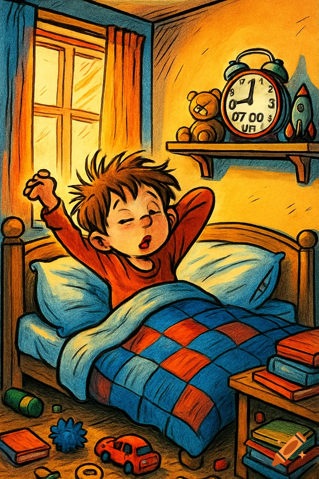Cartoon boy with messy hair waking up and stretching in bed, an alarm ...