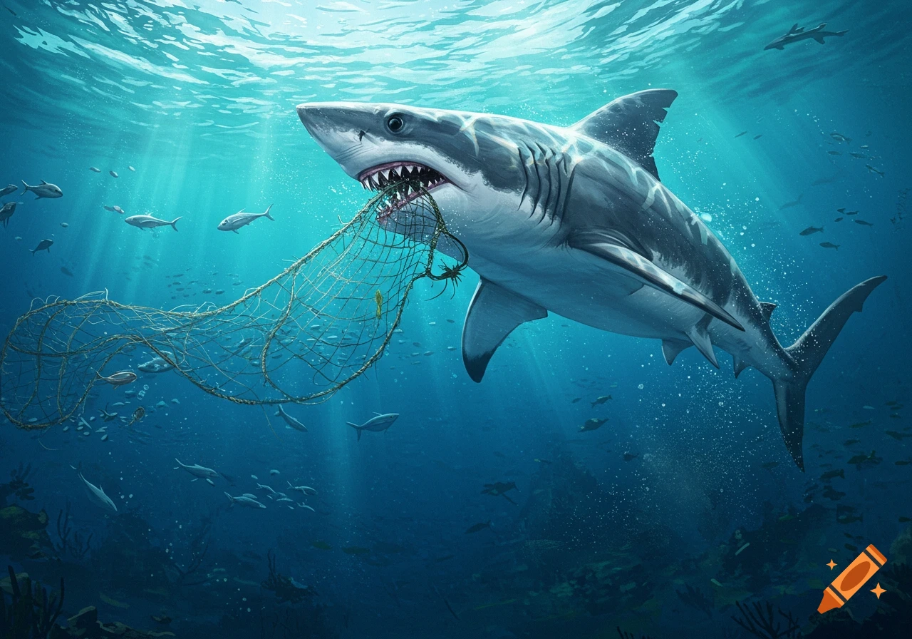 An animated great white shark underwater, pulling a fishing net with ...