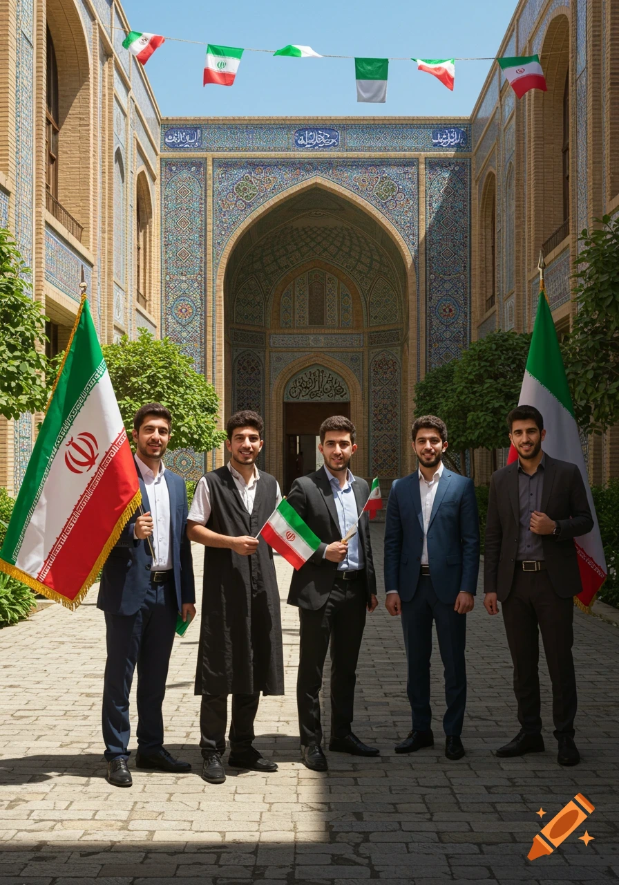 Five smiling Iranian male students hold flags in a detailed traditional ...