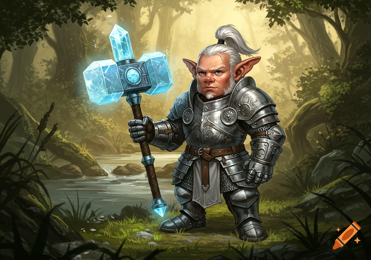 A stern halfling knight in plate armor holds a glowing crystal hammer ...