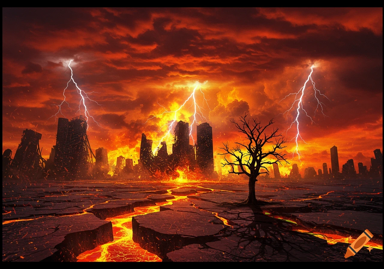 Apocalyptic landscape with a ruined city, fiery sky, lightning, and ...