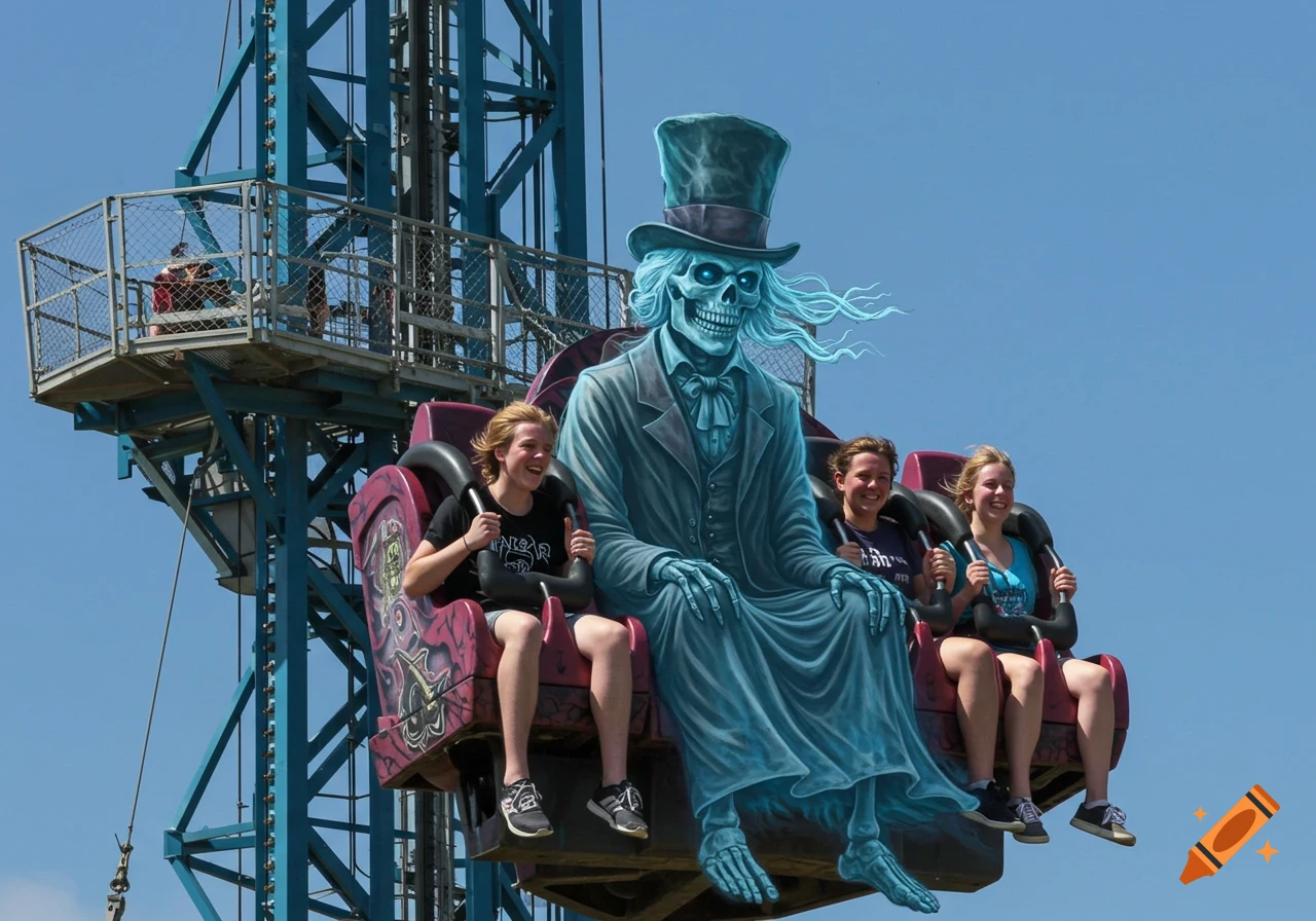 The Hatbox Ghost from The Haunted Mansion sits on a drop tower ride ...