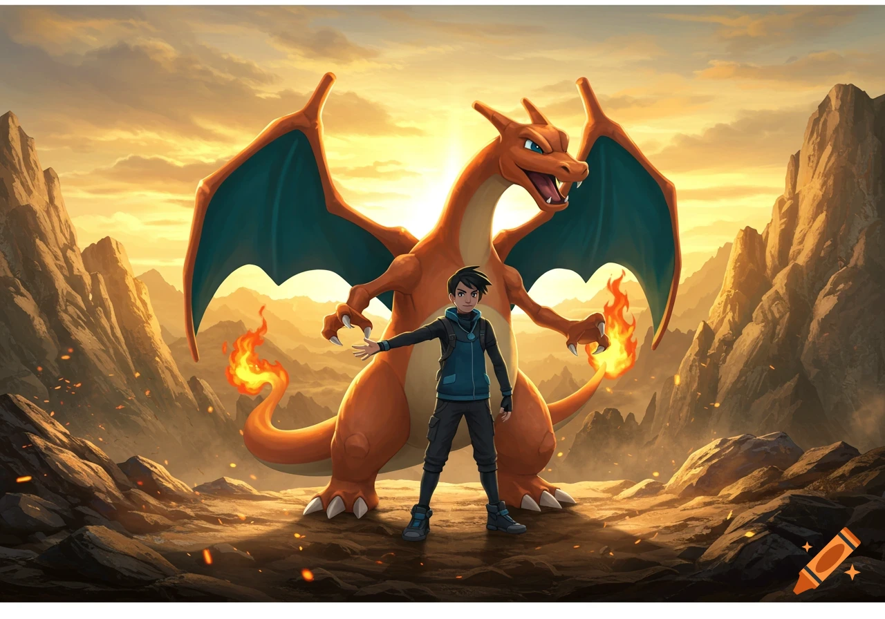 A cartoon Charizard with a trainer in a rocky, mountainous landscape at ...