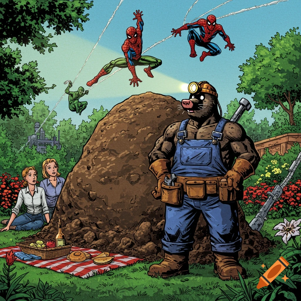 A muscular mole-man in overalls stands by a giant molehill in a garden ...