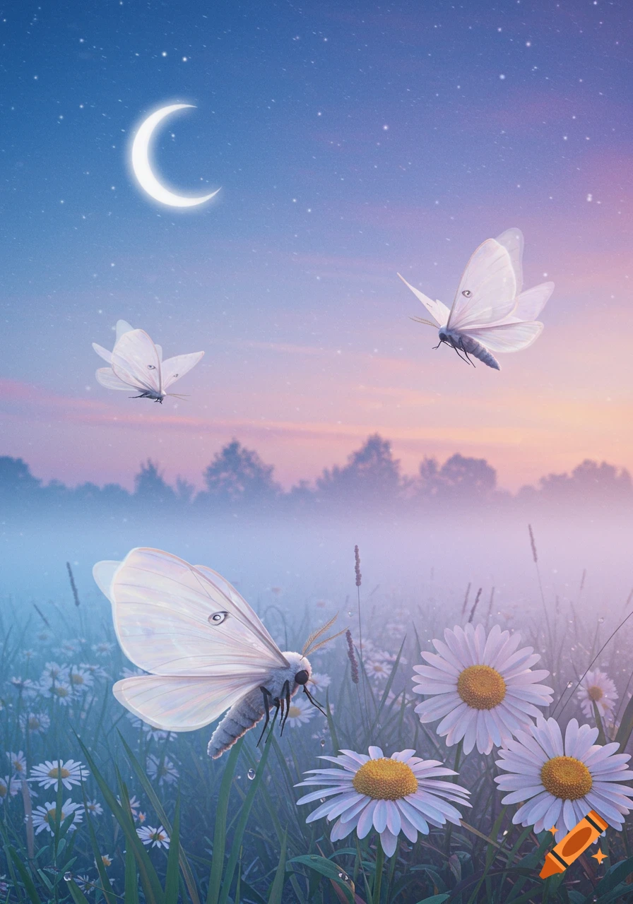 White moths with eye patterns fly over a field of daisies in a foggy ...