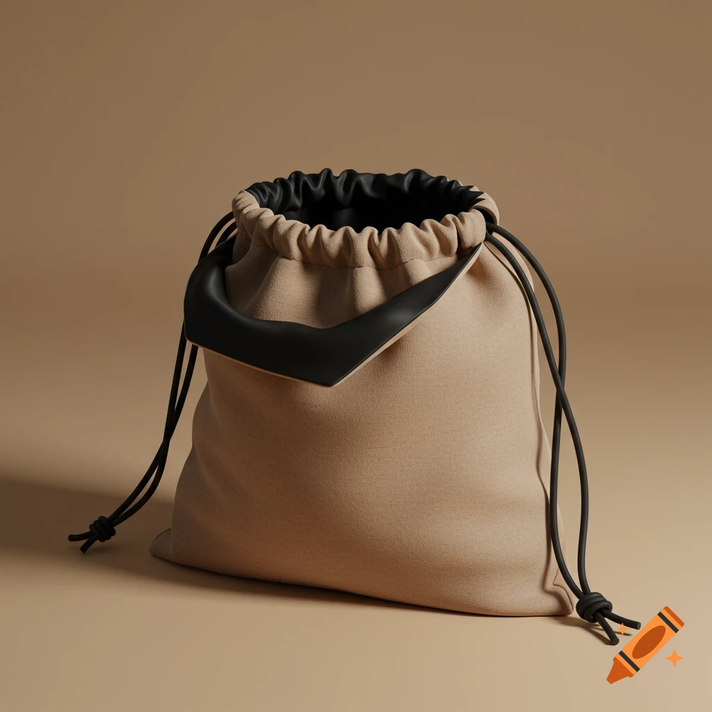 A minimalist beige drawstring bag with a black interior and black ...